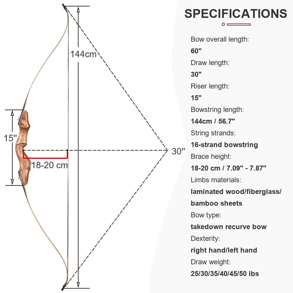 60" Archery Hunting Bow Wood Laminated Takedown Recurve Bow Right Hand ...