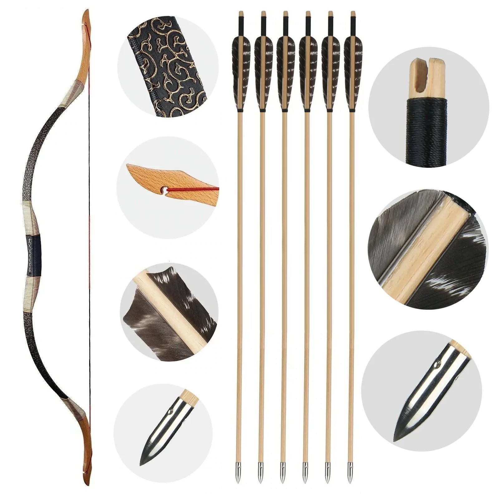 Archery 48"- 54" Traditional Recurve Bow and Wood Arrows Set Mongolian ...