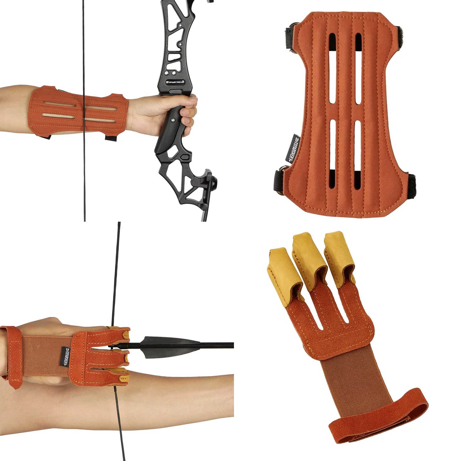 Archery Arm Guard 3 Fingers Glove Set Cow Leather Protector Gear ...