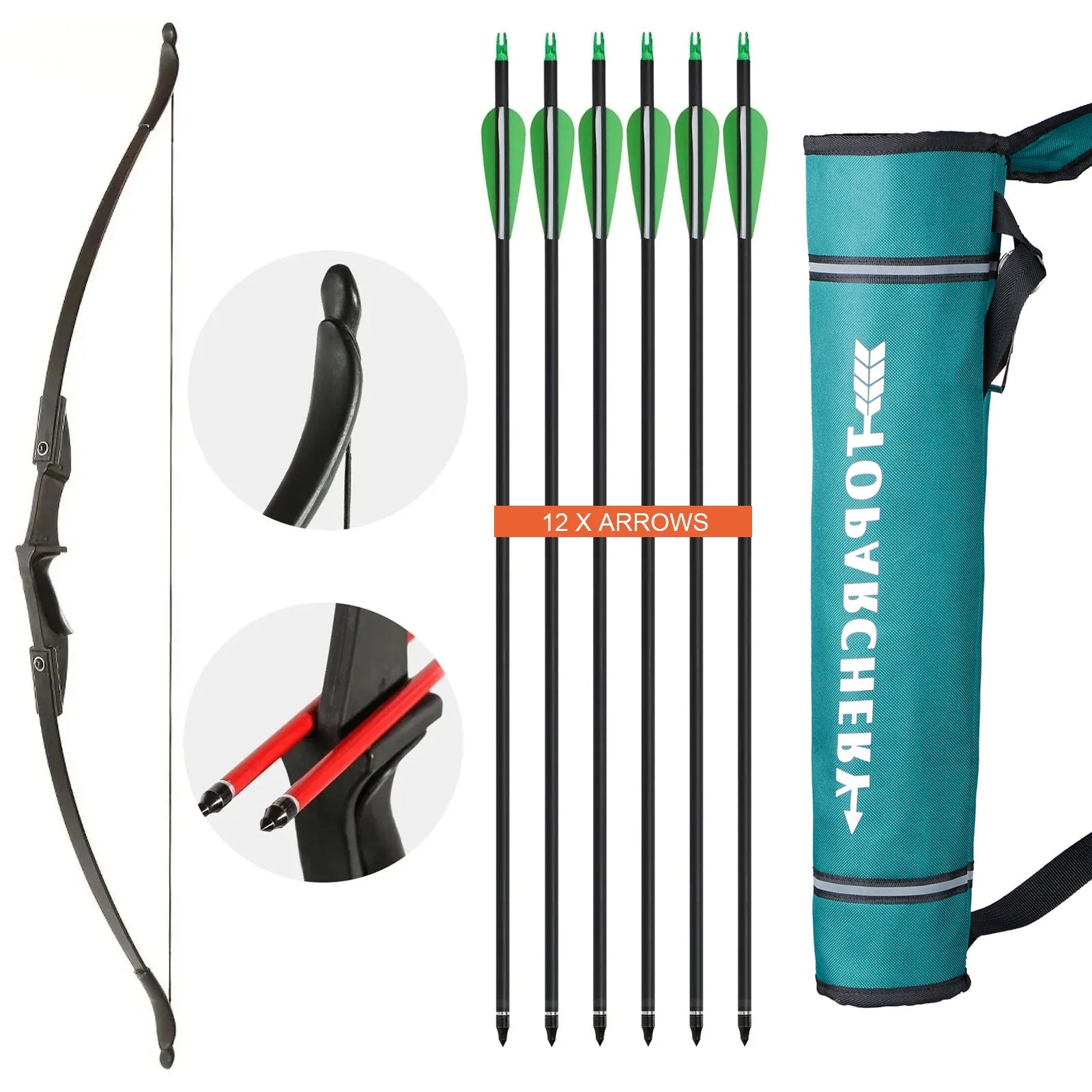 57" Archery Beginner Ambidextrous Recurve Bow Set with Quiver for Teen ...