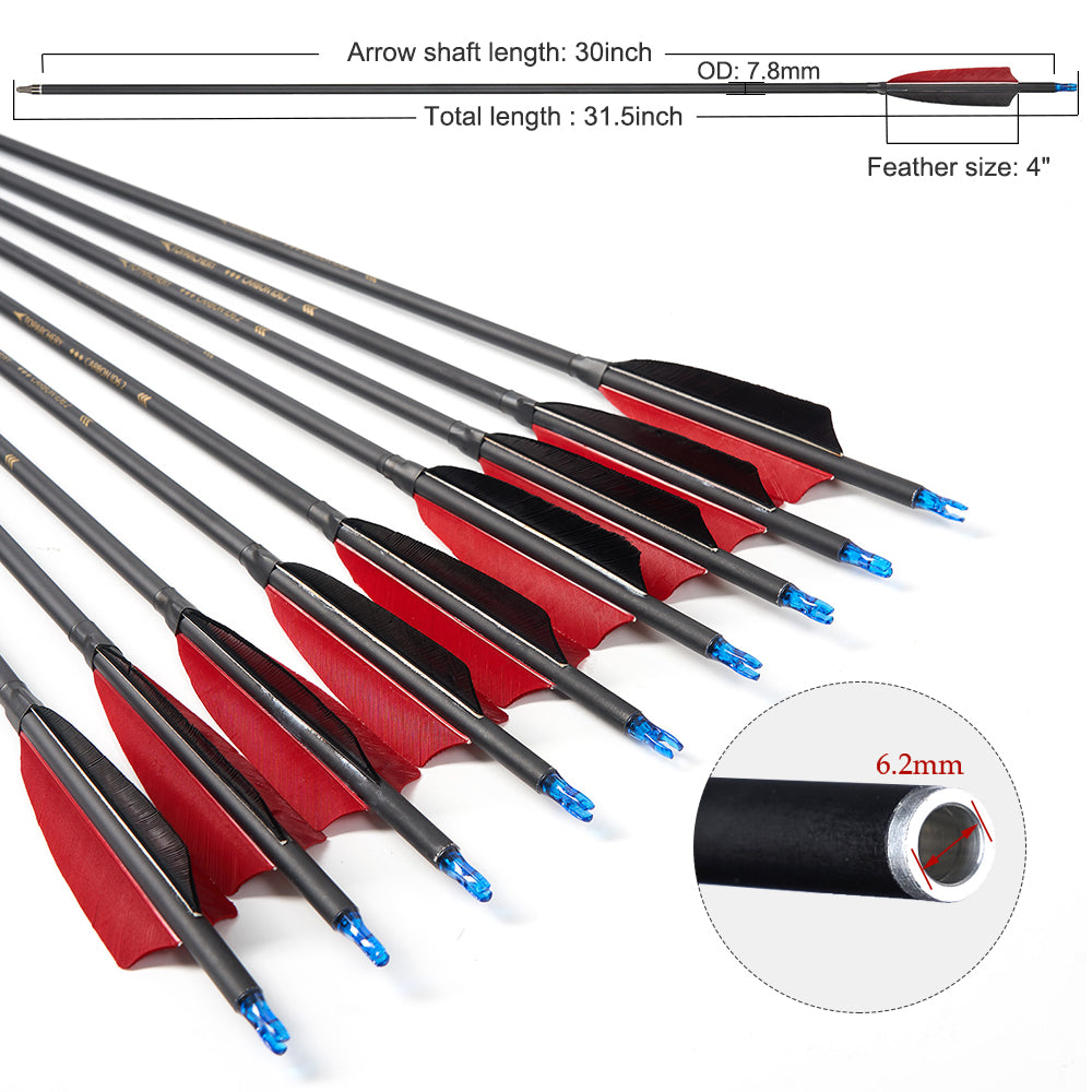 12pcs 30" Archery Feather Fletched Carbon Arrow Spine 600 For Outdoor ...